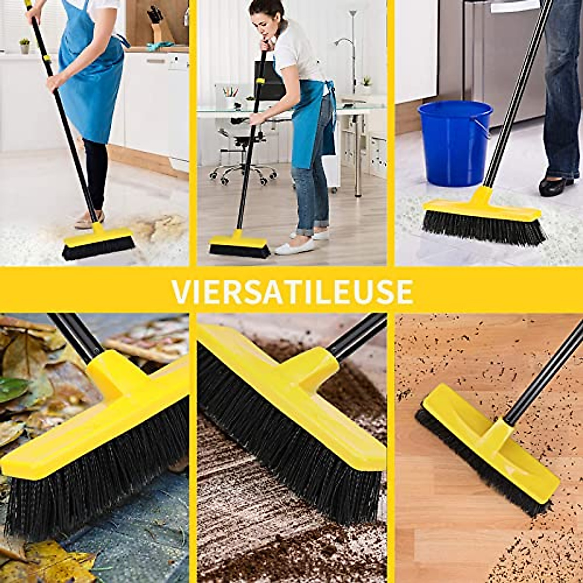 Push Broom Outdoor Indoor Broom 12" Wide,59" Long Handle with Stiff Bristles for Cleaning Scrubbing Deck Driveway Yard Patio Wood Stone Tile Floor