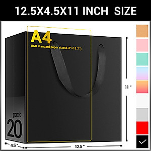 EUSOAR Large Black Gift Wrap Bags, 20pcs 12.5"x4.5"x11" Kraft Paper Black Shopping Bags with Handles Bulk, Merchandise Retail Wrapping Bags for Business, Craft Grocery, Boutique, Party Favor, Wedding