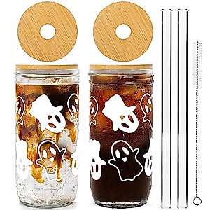 Halloween Cups, Ghost Decor 24oz Halloween Mug Mason Jar Glass Cups with Lids and Straws Ghost Tumblers Coffee Cups Cookie Jar Glasses Halloween Glassware Drinking Glasses Halloween Decorations Indoor