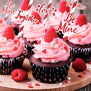 Whaline Valentine's Day Paper Straws 60Pcs Metallic Red Drinking Straws with 60Pcs Foil Red Letter Slices White Stripe Disposable Straws for Beverages Cocktail Wedding Birthday Party Supplies