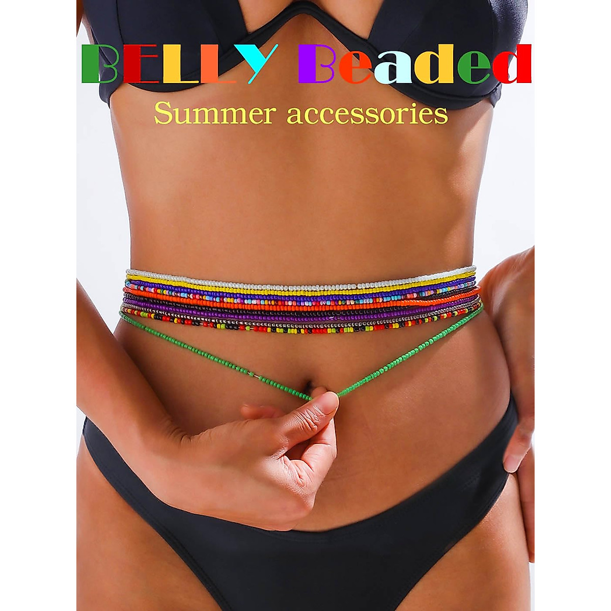 TWINKLEDE Elastic Beads Belly Waist Chain Colorful Beaded Body Chains Set Festival Rave Summer Bikini Body Jewelry for Women and Girl (Multi-colored)