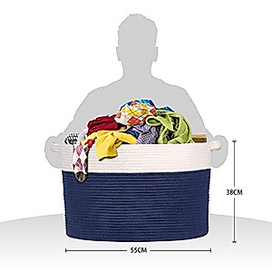 Zilink Blanket Basket Living Room XXXL Large Rope Woven Toy Round Basket 21.7" x 21.7" x 13.8" with Handle Storage Comforter Cushions Thread Hamper