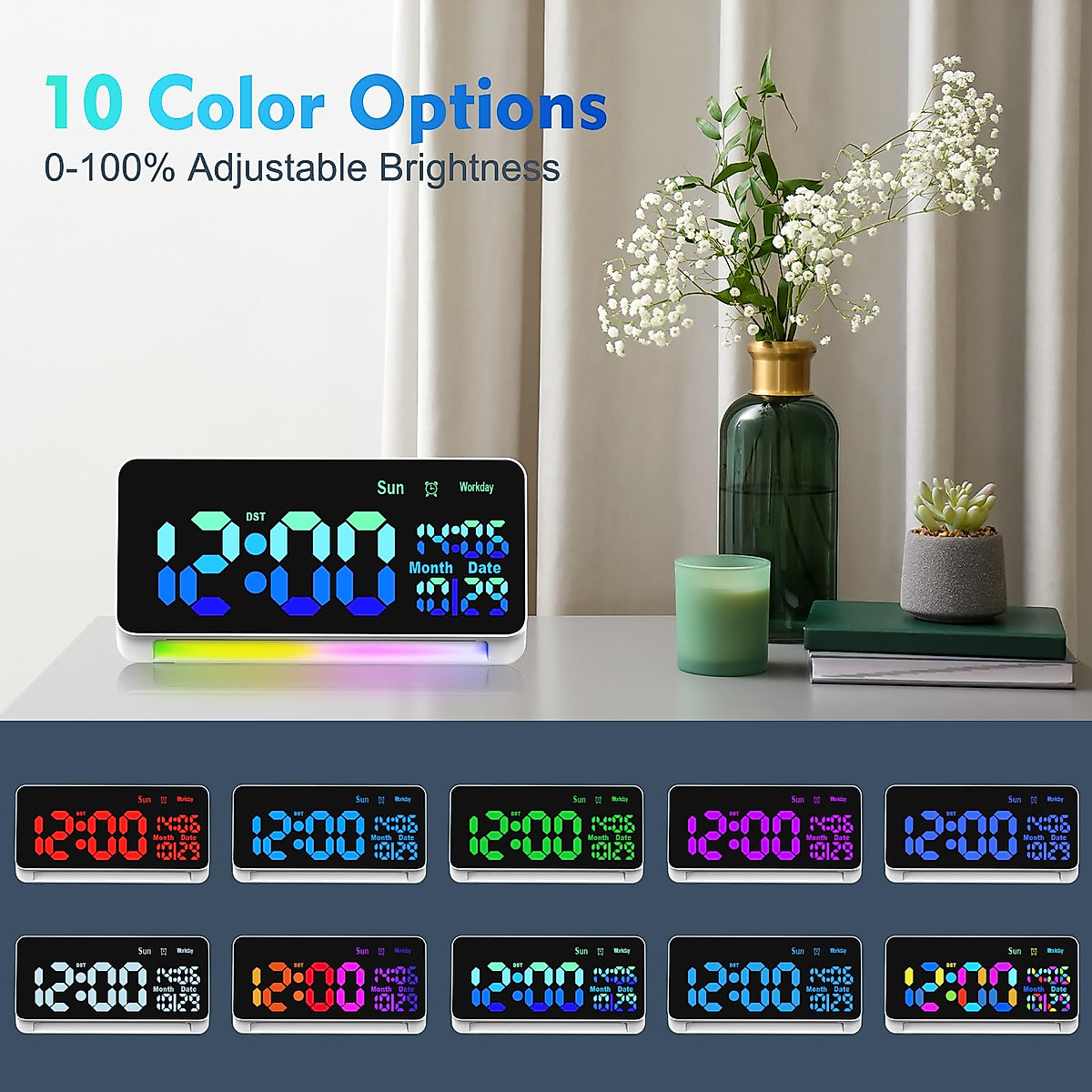 [120db Super Loud] Alarm Clocks for Bedrooms, 15 Wake Up Sounds, 7 Color Night Light, Dynamic RGB Color Changing, 0-100% Dimmer, Snooze, Large LED Display, Digital Clock for Heavy Sleepers Adults