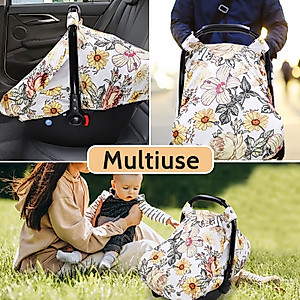 Floral Baby Car Seat Cover for Girl,Infant Carseat Canopy Sun Cover，Baby Carrier Cover with Zipped Peep Windows and Breathable Mesh, Stretchy 3in1Multi-use Stroller Cover