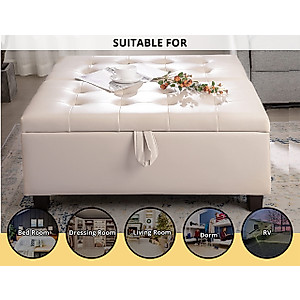 Charlotte 35 Inch Large Square Storage Ottoman Cube Bench, Tufted Upholstered Lift Top Coffee Table Ottoman with Storage, Oversized Dorm Storage Ottomans, Toy Box, Footrest for Living Room - Cream