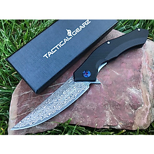 TACTICAL GEARZ Damascus G10 Pocket Knife, Triton XT! G10 Handle! Damascus Blade w/VG10 Core & 67 Layers! Ball Bearing Pivot System! Includes Sheath!