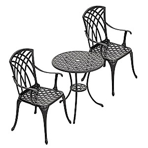 Nuu Garden 3 Piece Patio Bistro Table Set, Cast Aluminum Outdoor Patio Bistro Set Weather Resistant Chairs and Table with Umbrella Hole for Yard, Balcony, Black with Golden Powder