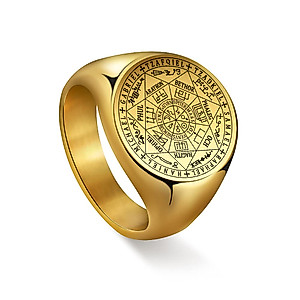 Amaxer Seven Archangels Ring for Men Stainless Steel The Seal Of Solomon Tetragrammaton Archangels Protection Ring Statement Band for Men Women (Gold, 12)