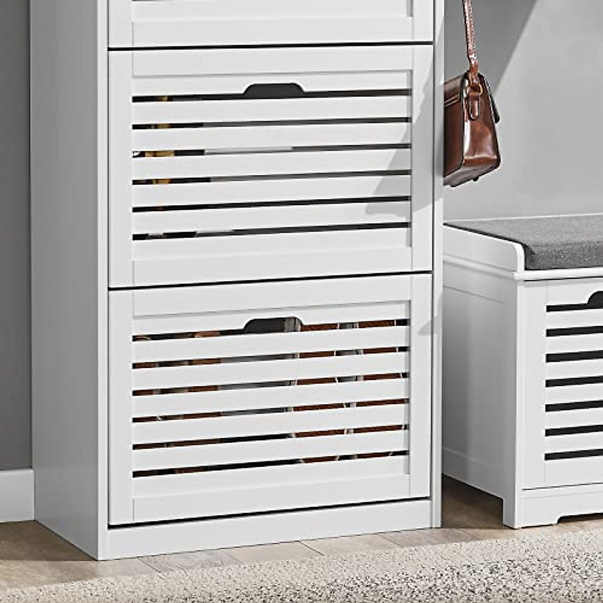 Haotian FSR108-W, White Shoe Cabinet with 3 Flip Drawers, Freestanding Shoe Rack with Hooks, Shoe Storage Cupboard Organizer Unit
