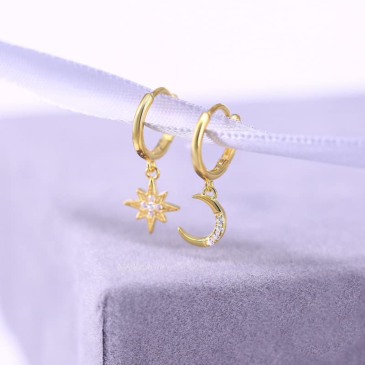 14K Gold Star Moon Hoop Earrings,Shiny Gold Dainty Moissanite Dangle Drop Earrings for Women,Fashion Jewelry Gift fo Her (Style 1, 14K Gold)
