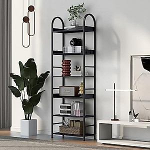 Daesar 70.8 Inch Tall Bookshelf, 6-Tier Shelves with Round Top Frame, MDF Boards, Adjustable Foot Pads, Black