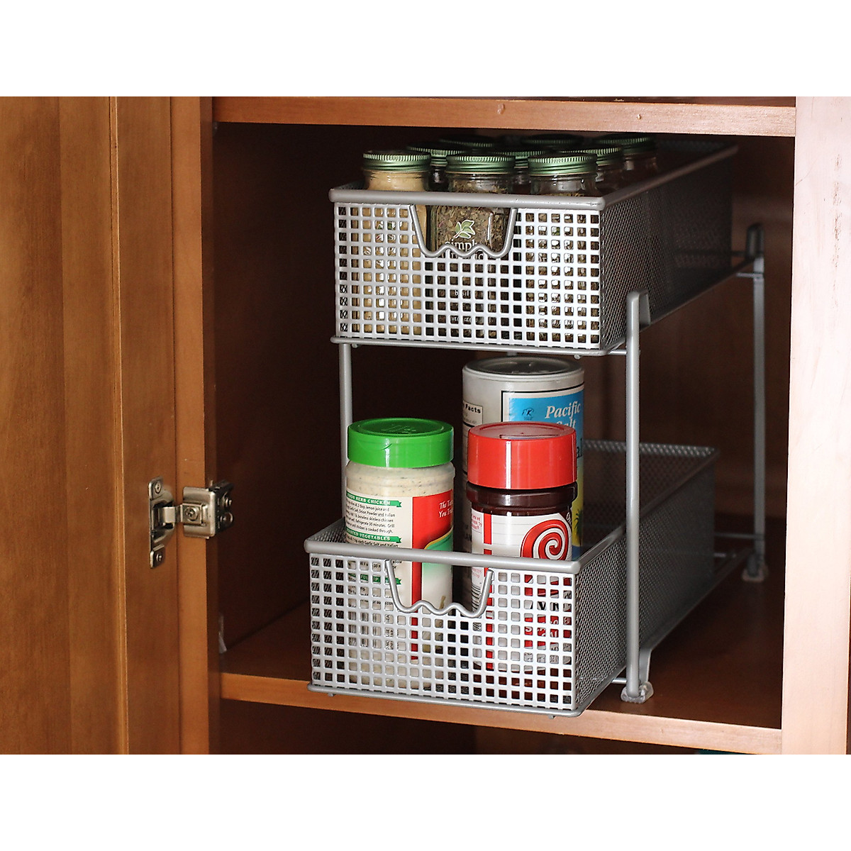 DecoBros 2 Tier Mesh Sliding Cabinet Basket Organizer Drawer,Silver