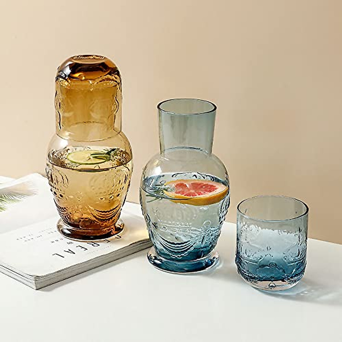 RockTrend Retro Crown Relief Clear Glass Bedside Night Water Carafe with Tumbler Glass, Pitcher And Cup Night Set