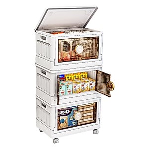 DAILOU Stackable Storage Bins with Lids Collapsible Storage Box Clear Plastic Foldable 8.4 Gal Containers for Clothes, Books, Cabinets with Doors for Dorm, Bedroom, Office, Closet 3 Packs