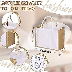 Silkfly 30PCS Burlap Tote Bag Bulk Laminated Interior Jute Tote Bag with Handle Large Reusable Grocery Bags Blank Beach Tote Teacher Bridesmaid Wedding DIY Gift Bag, 14.2 x 12.6 x 7.5 in (White, Jute)