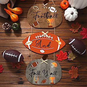 Barydat 3 Pcs Football and Fall Y'all Wood Sign Thanksgiving Fall Farmhouse Decorations for Home Rustic Wood Pumpkin Door Hanging Autumn Porch Sign with Bow for Garden Porch Front Harvest