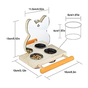 PANQIAGU Parrot Mirror Toy with Stainless Steel Feeding Cups Bird Wooden Frames with Cage Perch for Small Parakeets, Cockatiels, Conures, Finches,Budgie,Macaws, Parrots, Love Birds