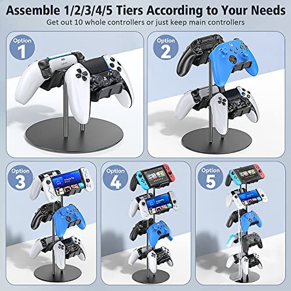 Kytok Controller Stand 5 Tiers with Cable Organizer for Desk, Universal Controller Display Stand Compatible with Xbox PS5 PS4 Nintendo Switch, Headset Holder & Desk Mounts for 10 Packs Controller
