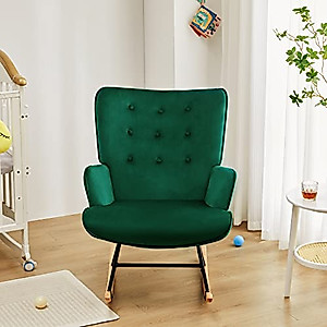 IDEALISMLIVING Rocking Chair, Nursery Glider Rocker Chair with Linen Fabric, Boho Chair with Solid Wood, Nursery Rocking Armchair for Baby Room, Rocking Chair Nursery for Living Room Bedroom (Green)
