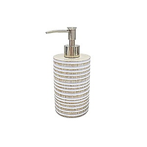 DKNY Bathroom Accessories Set 3 Pieces Striped Bath Countertop Accessory - Toothbrush Holder, Soap Dispenser, Vanity Tray, Beige White