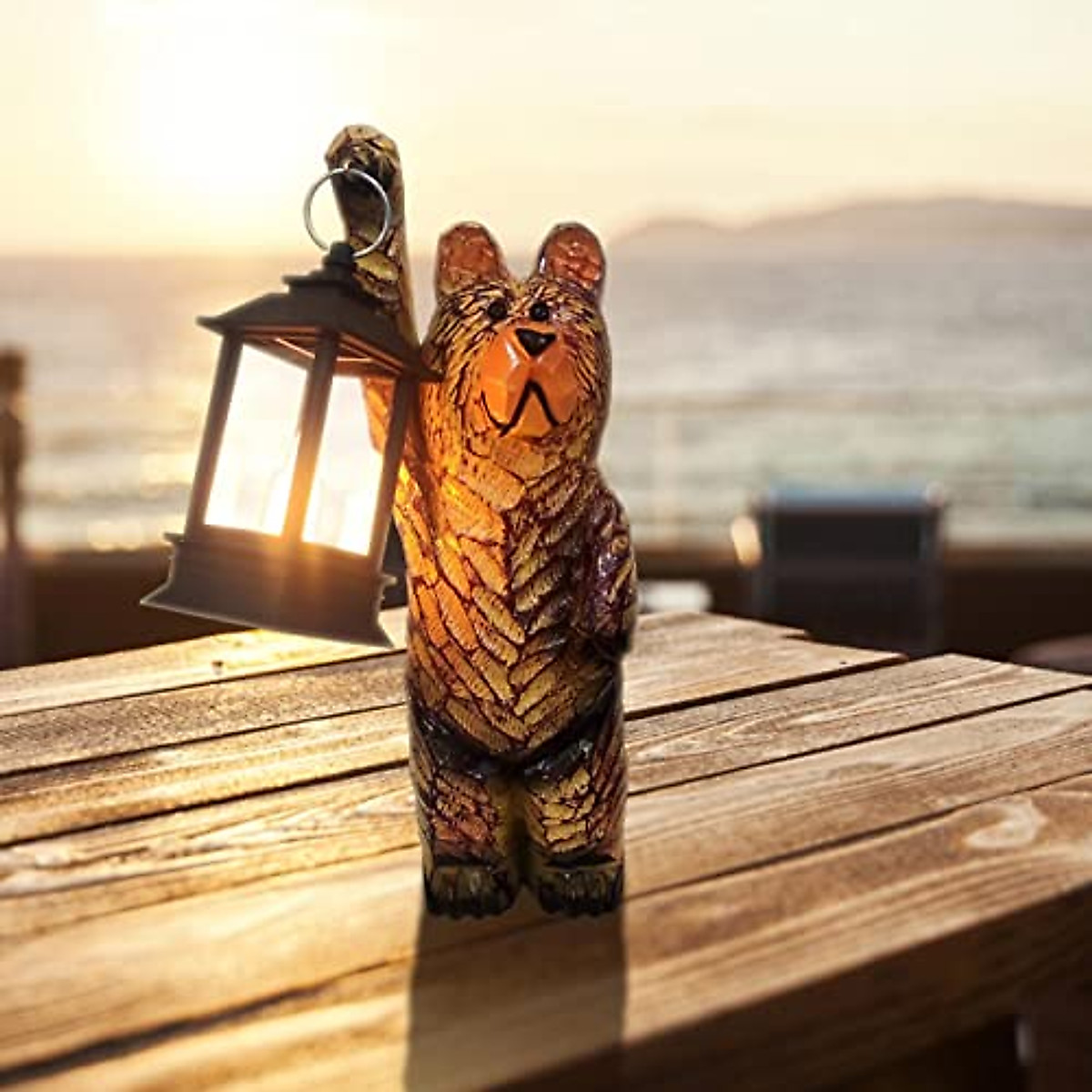 Carved Bear Chainsaw Carving with Lantern, Resin Lantern Bear Sculpture Decoration Lamp, Home Welcome Bear Solar Powered LED Outdoor Decor Garden Light, Indoor Outdoor Decor (A)