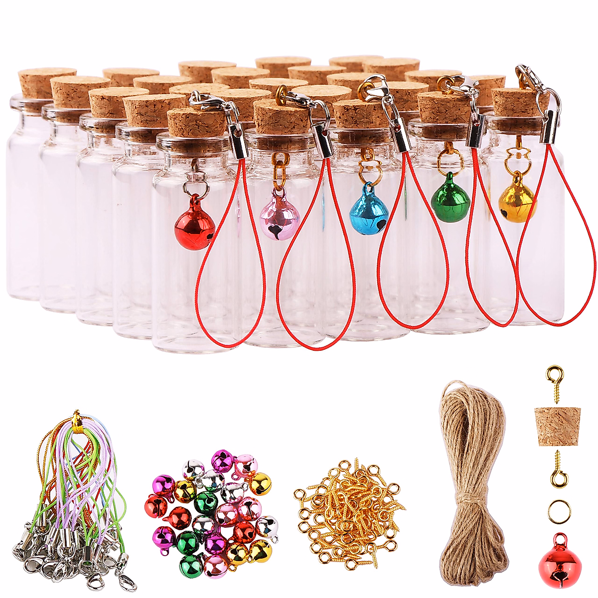 maxmau 25pcs Small Glass Bottles with Cork Stoppers DIY Art Craft Storage 10ml Mini Glass Vials,Tiny Jars for Wedding Party Favors Home Decoration with Connection Accessories Twine Bell