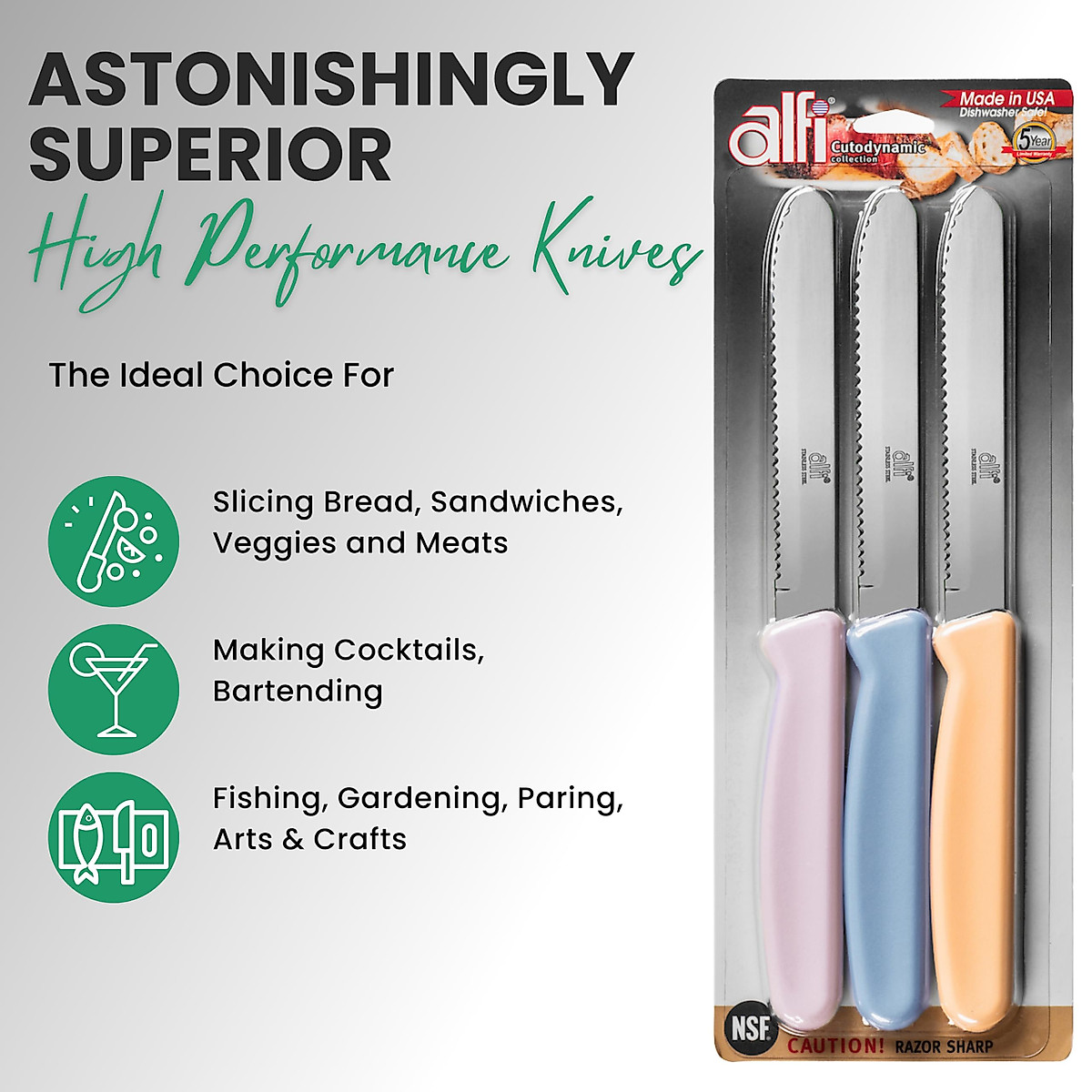 Alfi All-Purpose Knives Aerospace Precision Rounded Tip - Home And Kitchen Supplies - Serrated Steak Knives Set | Made in USA (3 Pack, Multicolor)