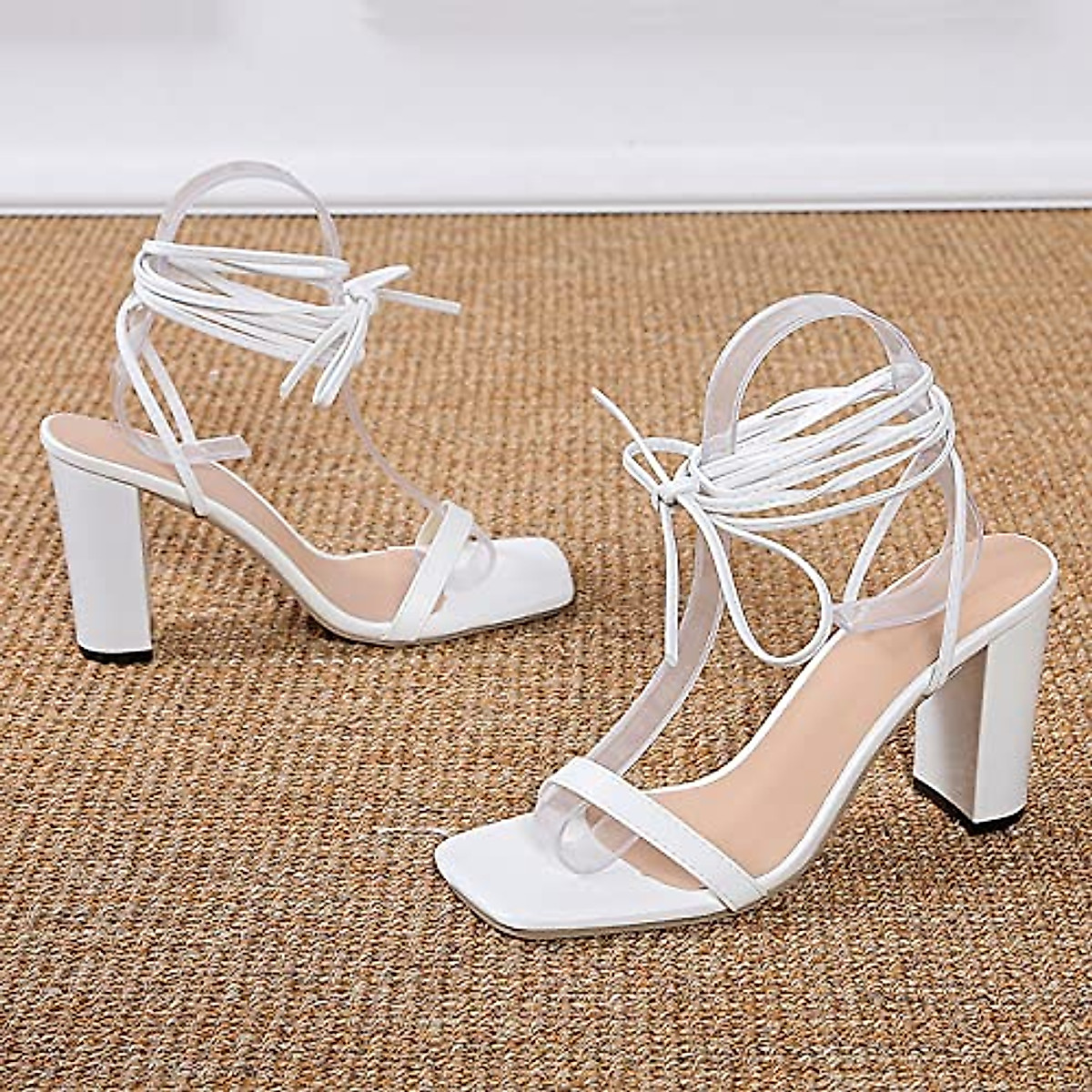 Women's Foreign Trade Large High Heeled European and American Fashion Square Headed Heavy Lace up Sandals for Women Wide (White, 8)