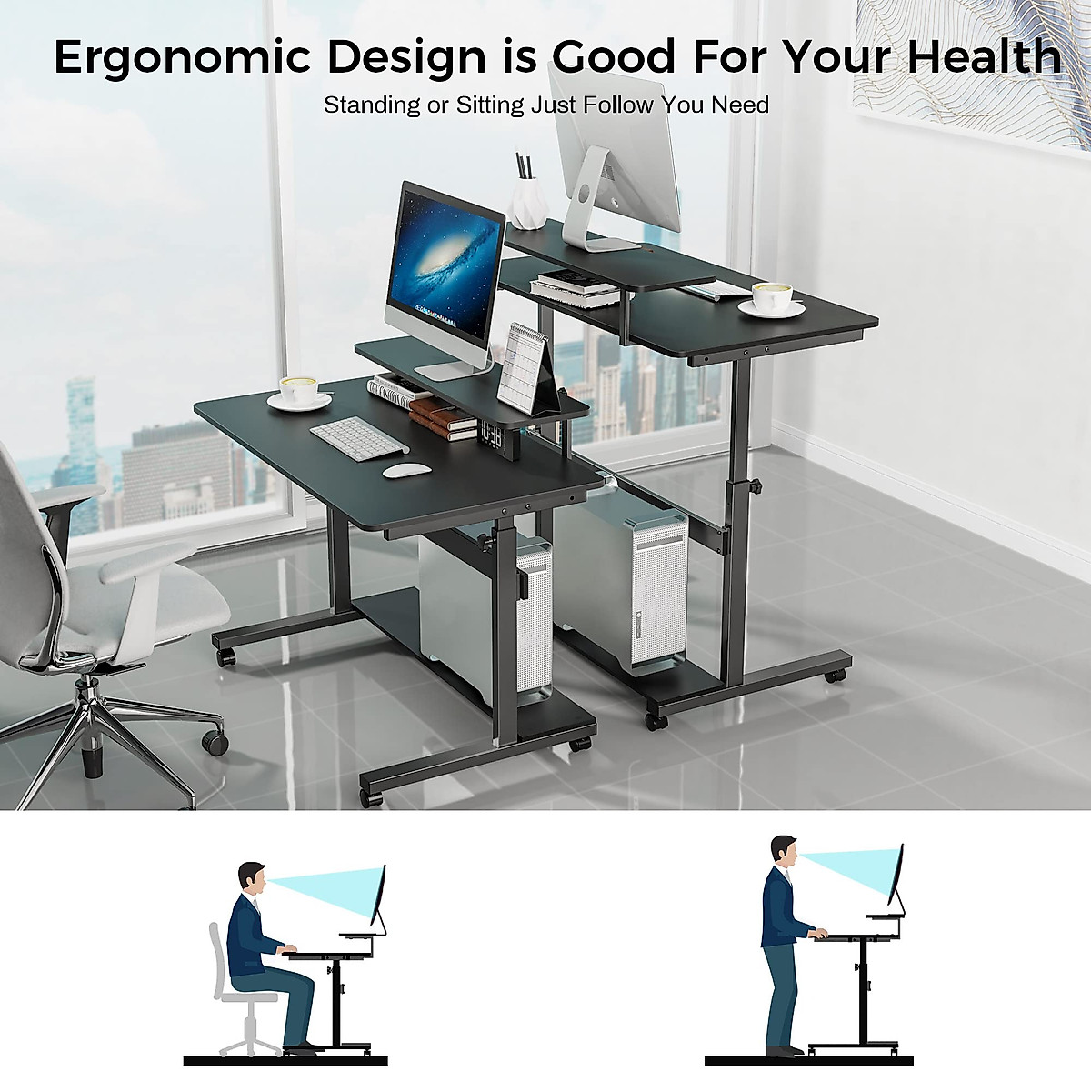 Eureka Ergonomic Height Adjustable Computer Desk, Rolling Sit Stand Desk for Home Office with Hutch, CPU Stand & Lockable Wheels, 41 inch-Black