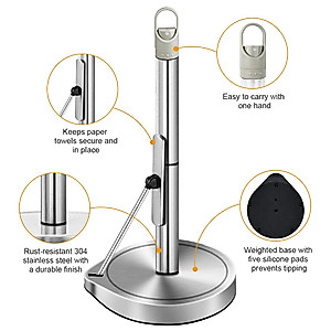 AIDEA Paper Towel Holder with Spray Bottle, Kitchen Towel Holder for Countertop, Spring Arm for Easy Tear, One-Handed Stainless Steel Paper Towel Dispenser with Weighted Base, Silver