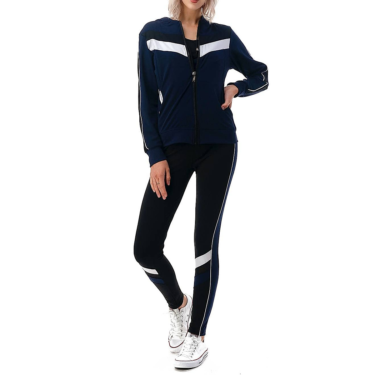 Jvini Women's 3 Piece Sports Outfit Set - Zip Up Hoodie Sweatshirt - Raceback Bra & Leggings Navy/Black Curve 1XL US(14-16)