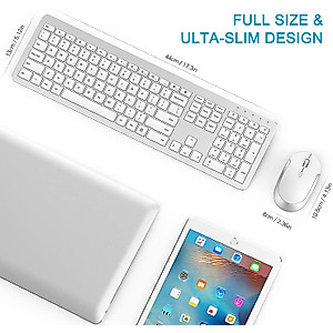 Full Size Slim Thin Wireless Keyboard and Mouse Combo with Numeric Keypad with On/Off Switch - White & Silver