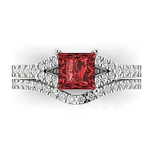 Clara Pucci 2.11 ct Princess Cut Solitaire Natural Red Garnet Designer Art Deco Statement Wedding Curved Ring Band Set 18K White Gold 3.5