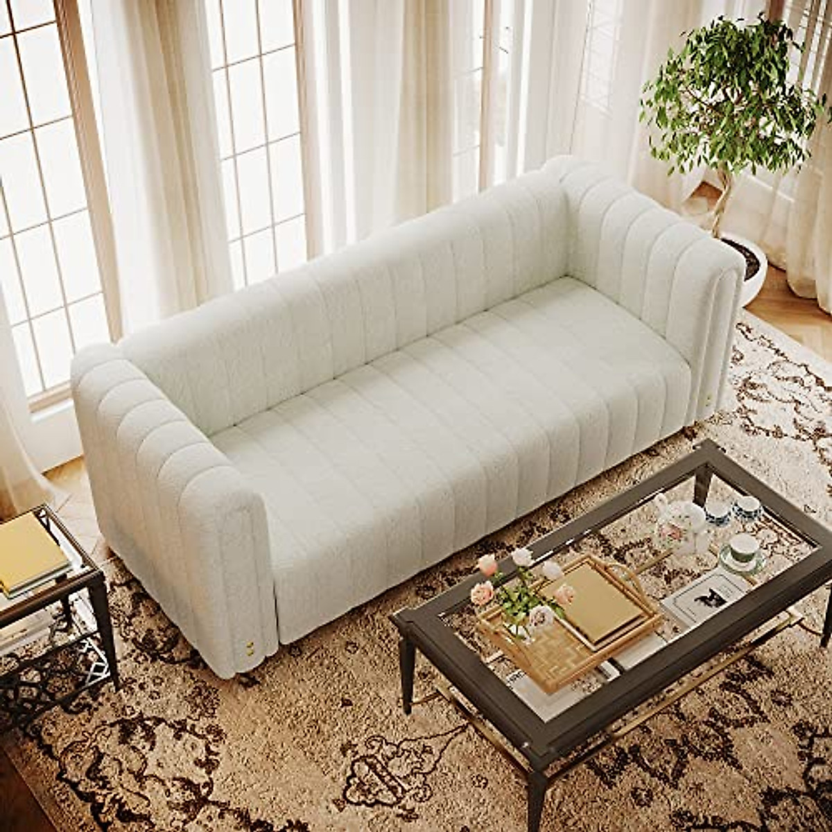 Emerald Green Velvet Couch, 80 Inch Wide Mid-Century Modern Sofa Velvet Tufted Upholstered Velvet Sofa Love Seats Sofa with Golden Leg, 3 Seat Sofa Big Comfy Couch Sofas for Livingroom (White Teddy)