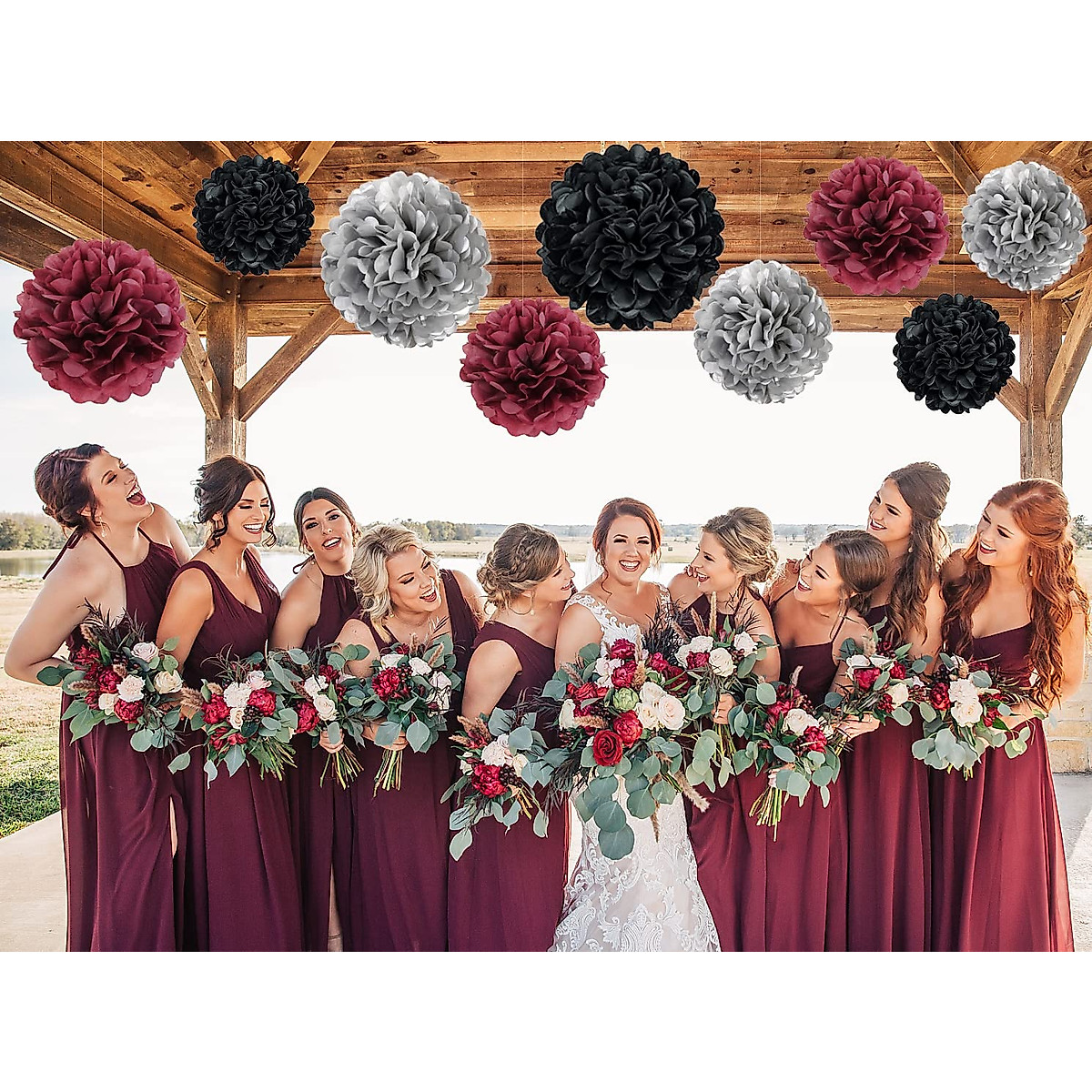 9PCS Maroon Burgundy Black Silver Tissue Paper Flowers Hanging Pom Poms Wall Backdrop Streamers for Graduation Bridal Wedding Shower Bachelorette Retirement Party Décor