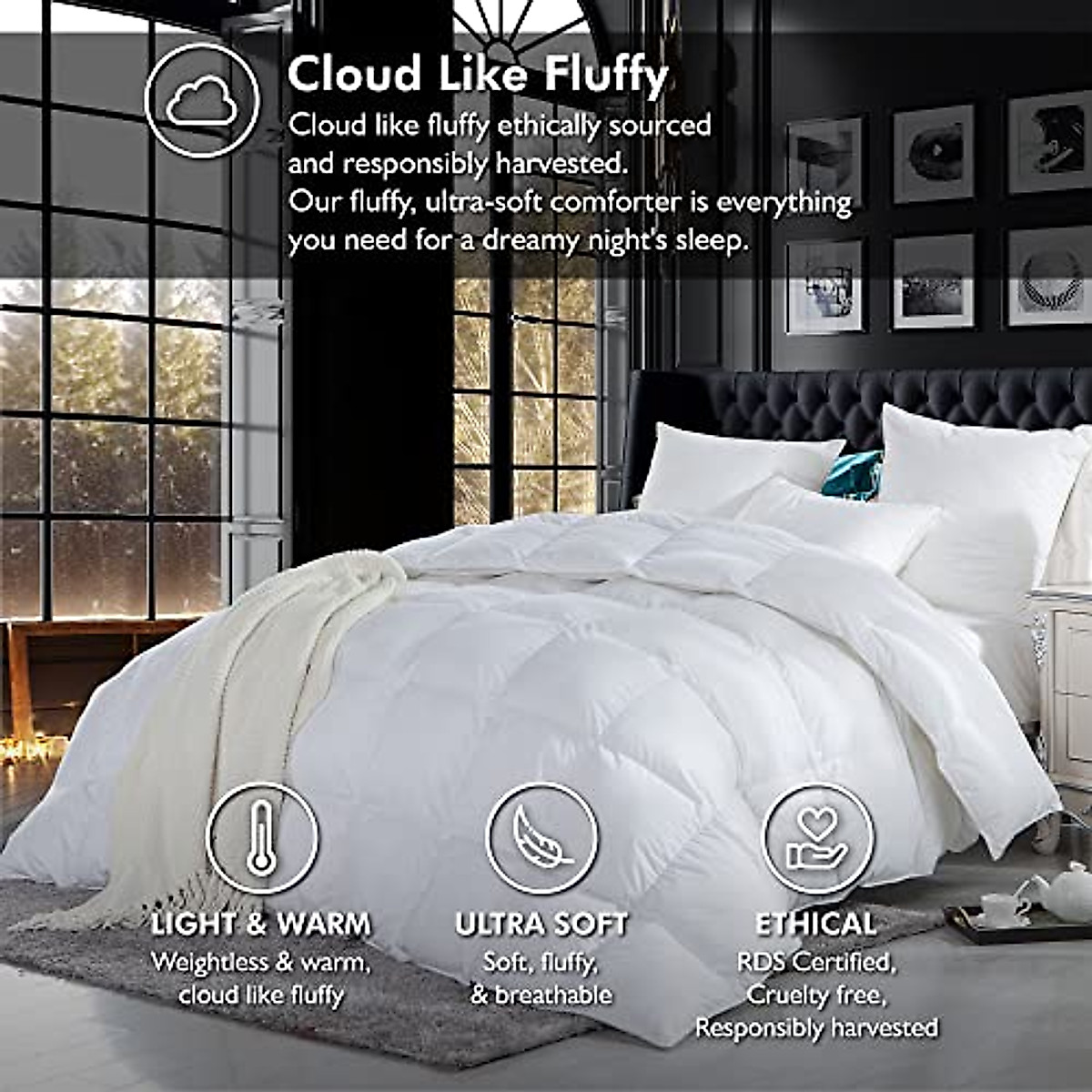Luxurious Full/Queen Size Goose Down Feather Fiber Comforter Duvet Insert, Ultra-Soft 100% Egyptian Cotton Cover, 60 oz. Fill Weight, All-Season White Solid Comforter