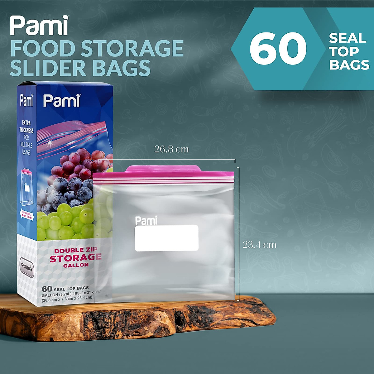 PAMI 60-Pack Gallon Sandwich Bags, Leakproof Double Zipper Storage Bags with Expandable Bottom, Write-On Label, Thick Reusable