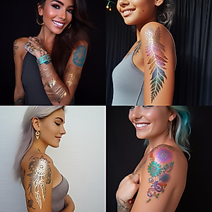 SUSIKEKI Temporary Tattoo Markers for Skin, 15 Colors Tattoo Pen + 50 Paint Stencils + 43 Tattoos Stickers, Glitter & Matte & Neon Glow Body Marker Set, Removable Fake Tattoos Kit for Teens and Adult