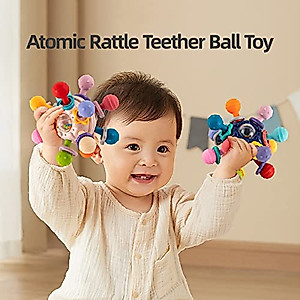 Baby Sensory Teething Toys, Atomic Ball Chew Toys Rattle & Teether Grasping Activities Infant Toy for 0 6 12 Months Boys & Girls Gift(Pink)