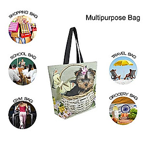 Women Top Bag Handle Handbags Shoulder Bag Yorkie Puppy With Daisy Tote Washed Canvas Purses Bag (be11d)
