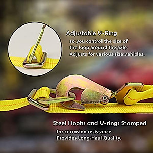 DC Cargo 2 Pack Ratchet Axle Strap Tie Downs (2" Wide x 114" Long) with Adjustable Ring and Slipfree Webbing for Secure Auto Hauling, Heavy-Duty Tow Straps for Car Trailers and Auto Carriers