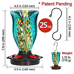 LUJII Hummingbird Feeders for Outdoors with Ant Guard, Blown Glass Hummingbird Feeder for Outside Hanging, 25 oz, Never Leak, Unfading & Anti-Rust, Flower Vase, Garden Backyard Patio Decor, Blue