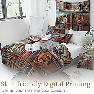 Sleepwish Cat in The Bookshelf Comforter Cover Set, Vintage Animal Pet Bedding Set, Cute Kitten Gifts Duvet Cover Set with Zipper for Kids Teens Boys Girls, 1 Duvet Cover 2 Pillow Cases, 3 Piece King
