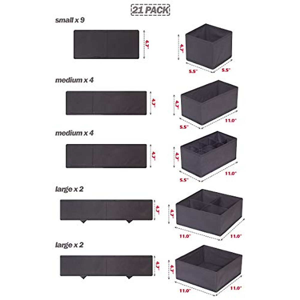 DIOMMELL 21 Pack Foldable Cloth Storage Box Closet Dresser Drawer Organizer Divider Fabric Baskets Bins Containers for Baby Clothes Underwear Bras Socks Lingerie Clothing,Dark Grey 24249