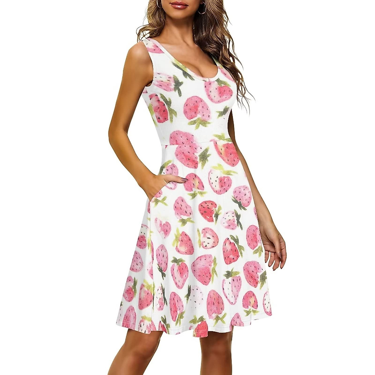 Belidome Adorable Pink Strawberry Tank Dress for Women Sundress Casual Travel Party Wear Sleepwear Beach Cover Up Plus Size XS-4XL