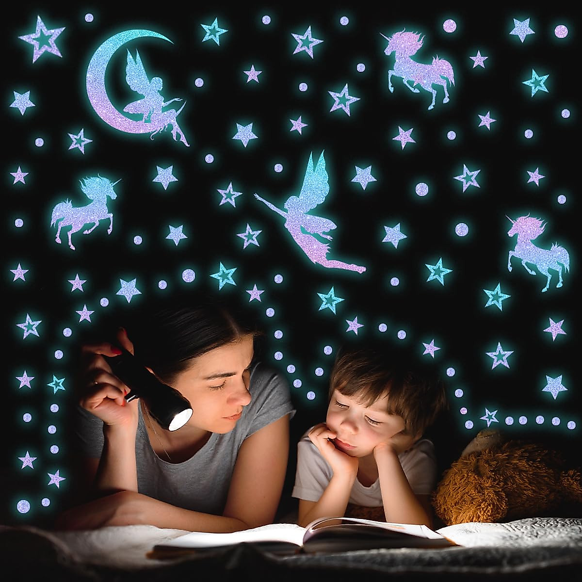 Glow in The Dark Unicorn Wall Decals Unicorn Stars Wall Stickers Blue Luminous Glow Unicorn Stars Moon Ceiling Stickers Decor for Baby Girls Boys Bedroom Ceiling Nursery Room Decor