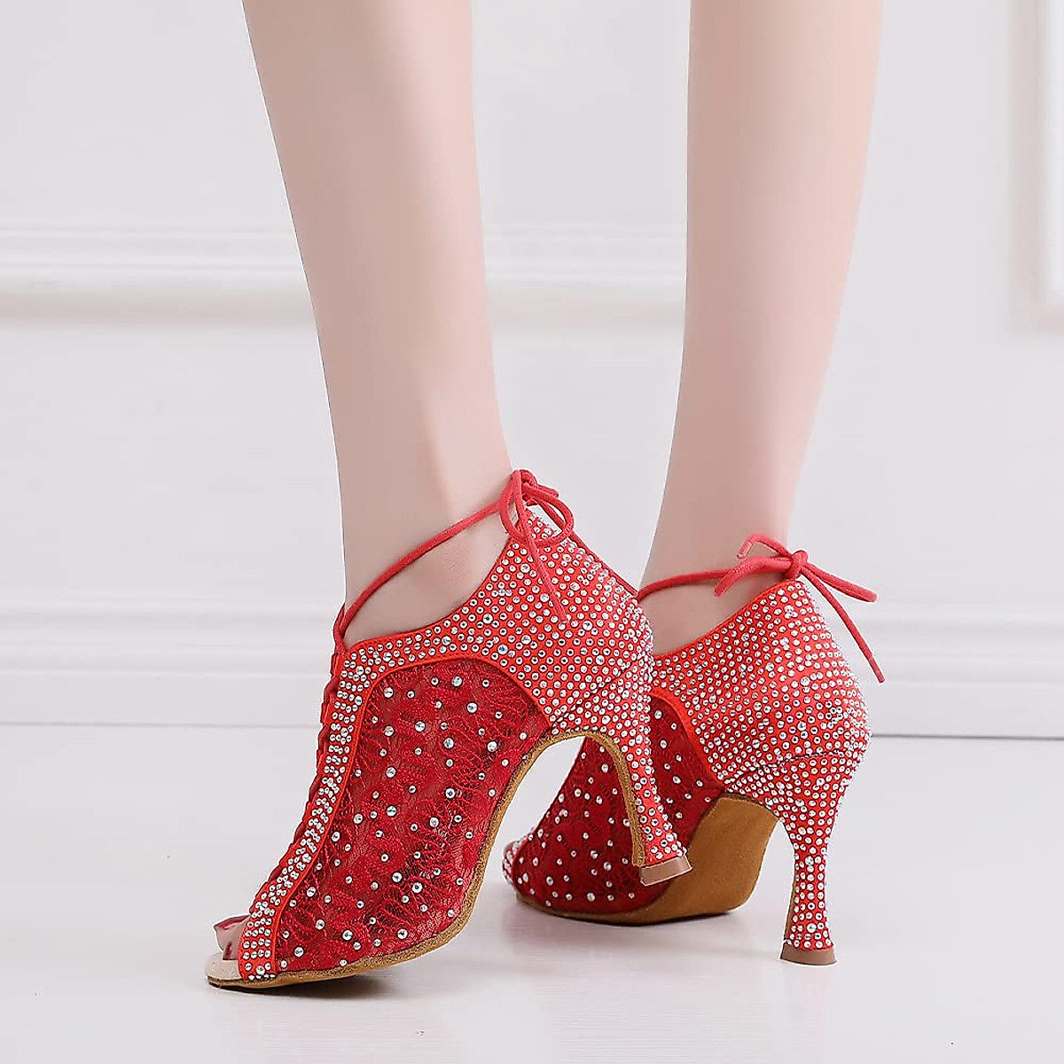 SWDZM Women's Latin Dance Shoes Open Toe Lace-up Mesh Ballrooom Tango Salsa Performence Ankle Dance Boots,Heel-3",9001,Red,6 US