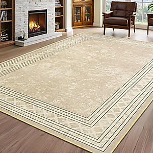 Tepook Modern Bordered 4x6 Area Rugs for Bedroom Aesthetic, Indoor Machine Washable Rugs for Living Room, Low Pile Throw Rugs with Rubber Backing for Office Dining Room Kitchen, Beige