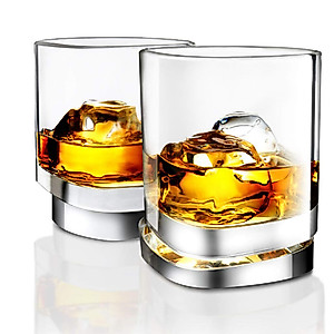 JoyJolt Aqua Vitae Premium Whiskey Glass Set of 2. Square Whiskey Glasses with Off Set Base. Old Fashioned Rocks Glasses for Scotch and Bourbon. Whiskey Tumbler Gifts for Men