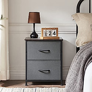 Somdot Nightstand with 2 Drawers, Bedside Table Small Dresser with Removable Fabric Bins for Bedroom Nursery Closet Living Room - Sturdy Steel Frame, Wood Top, Pull Handle - Charcoal Grey/Dark Walnut